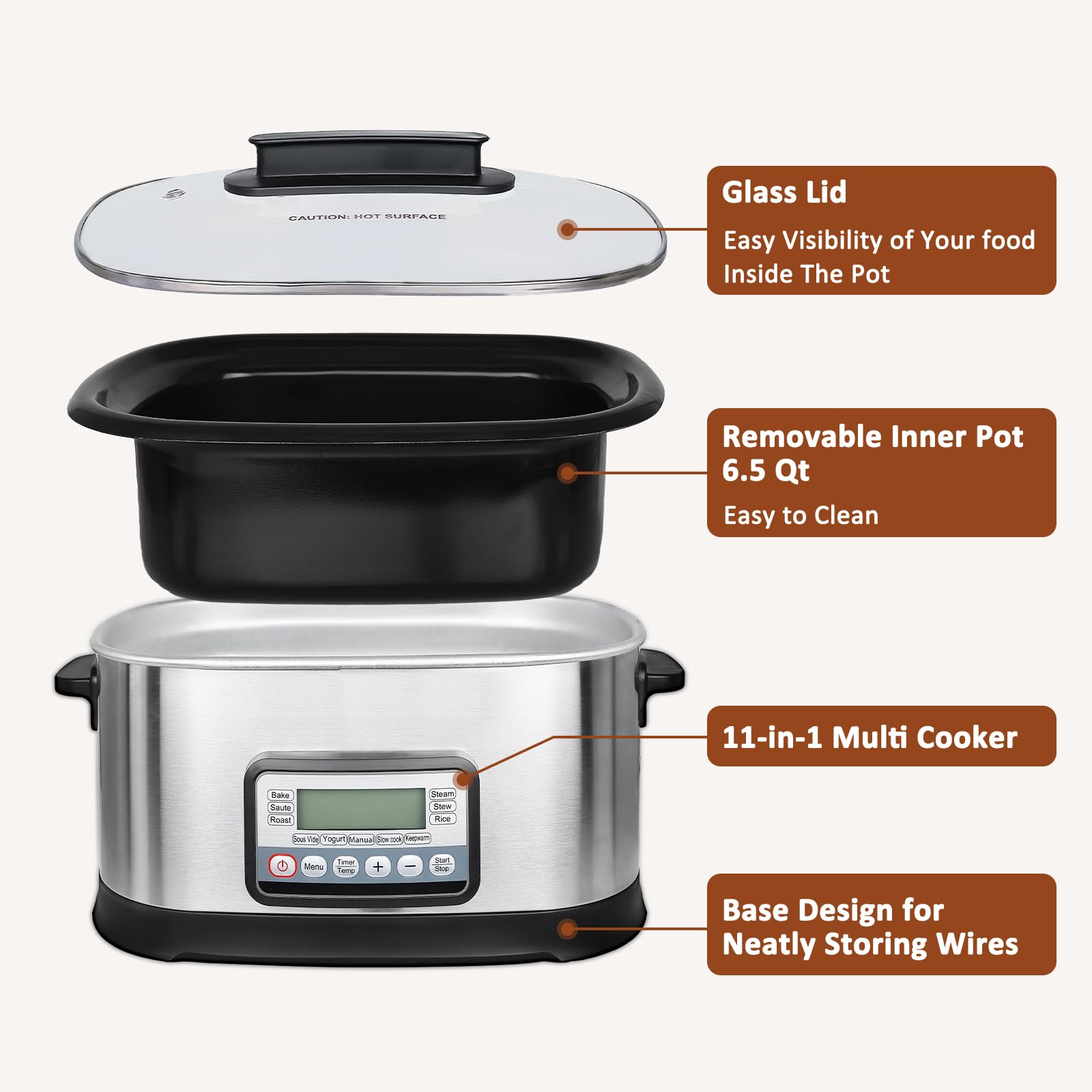 6.5Qt 11-in-1 Multi Cooker, Digital Programmable Slow Cooker, Sous Vide ...