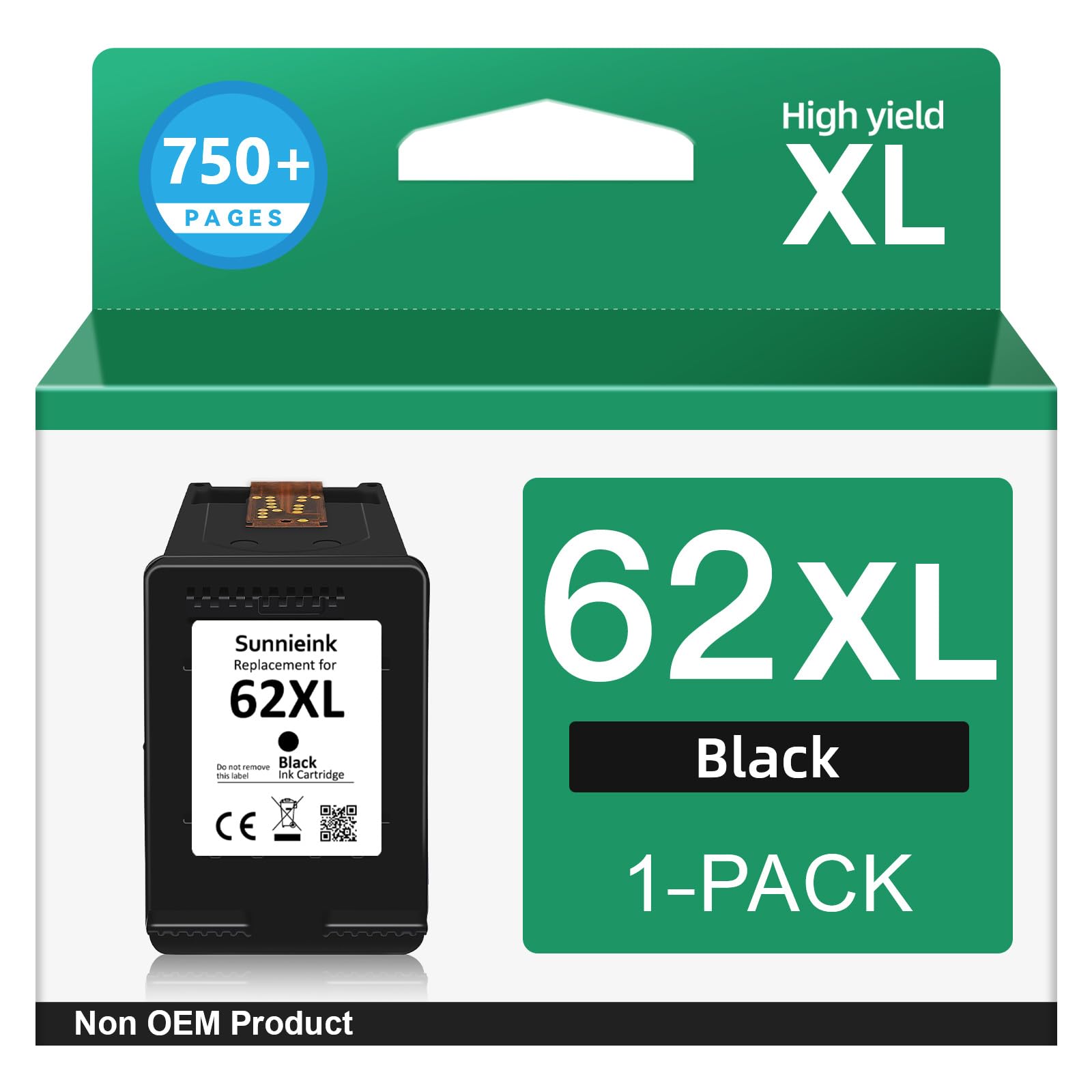 62XL High Yield Black Ink Cartridge 750 Pages, Replacement for 62 Black ...