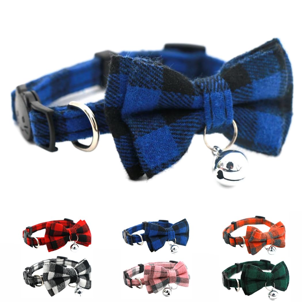 Amazon.com : Blue Plaid Bow Dog Collar with Bell, Breakaway Cat Bell ...