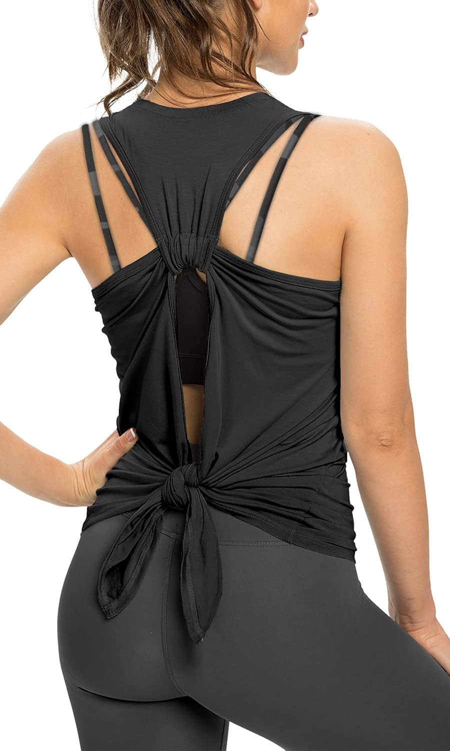 Amazon.com: Sanutch Open Back Workout Top Backless Yoga Shirts Tie Back ...