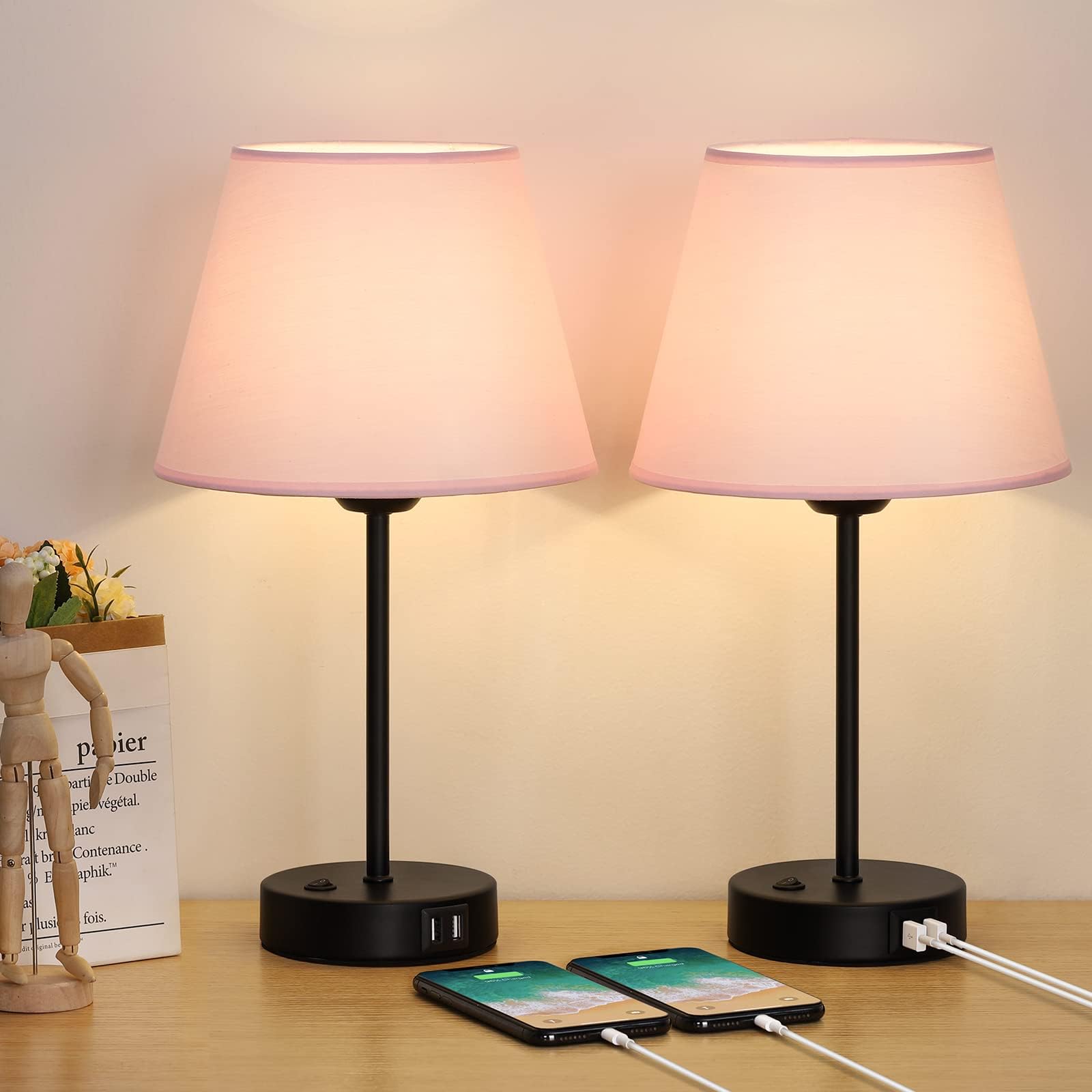 Bedside Lamps Set of 2, Table Lamp with USB Port 3 Way Torchiere ...