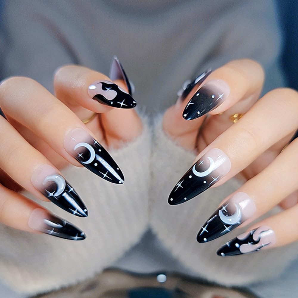 Amazon.com: 24 Pcs Almond Fake Nail Black Spike Long Press on Nails Art ...