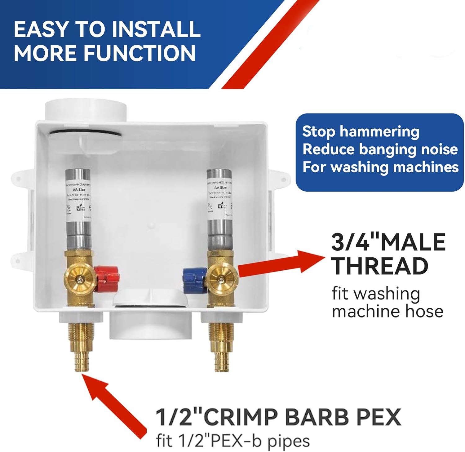 Washing Machine Outlet Box with Stainless Steel Water Hammer Arrestor,1 ...