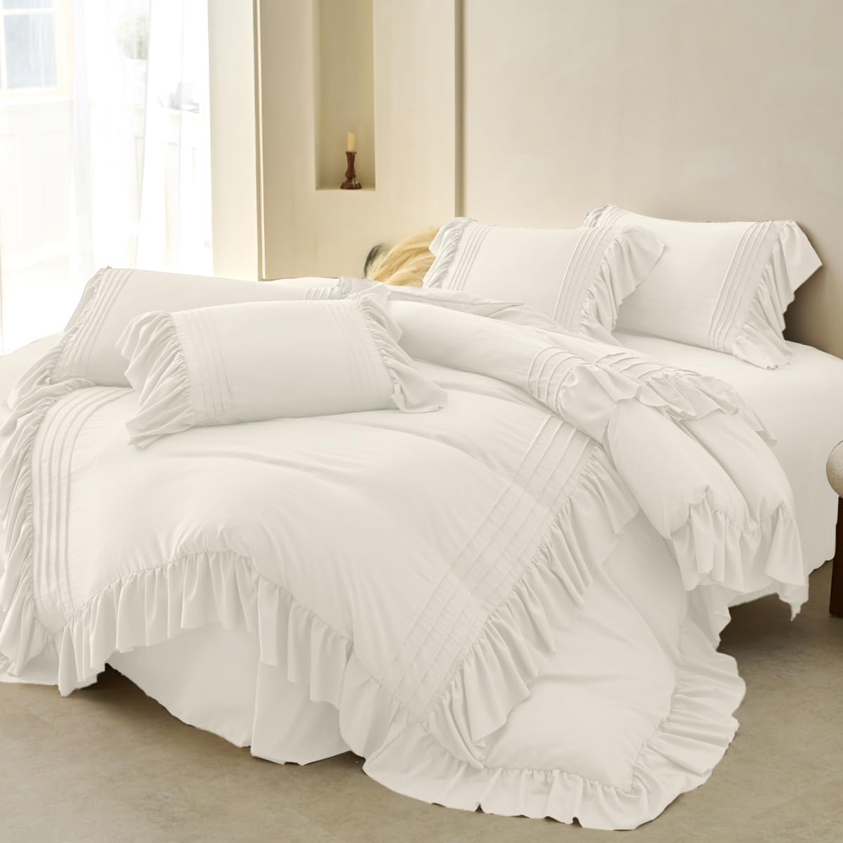 Amazon.com: Jolusere White Ruffle Duvet Cover Set King Size Vintage ...