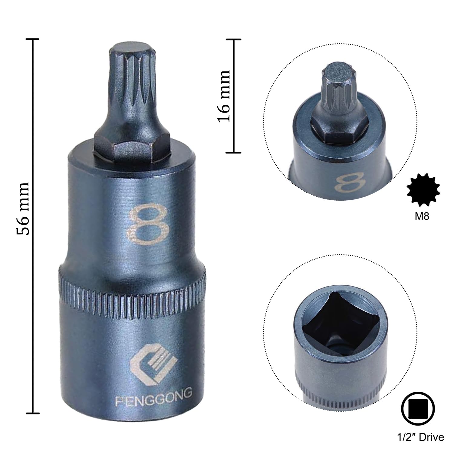 Juttzzei Spline Bit Socket, 1/2″ Drive x M8 (8mm) Triple Square Spline ...