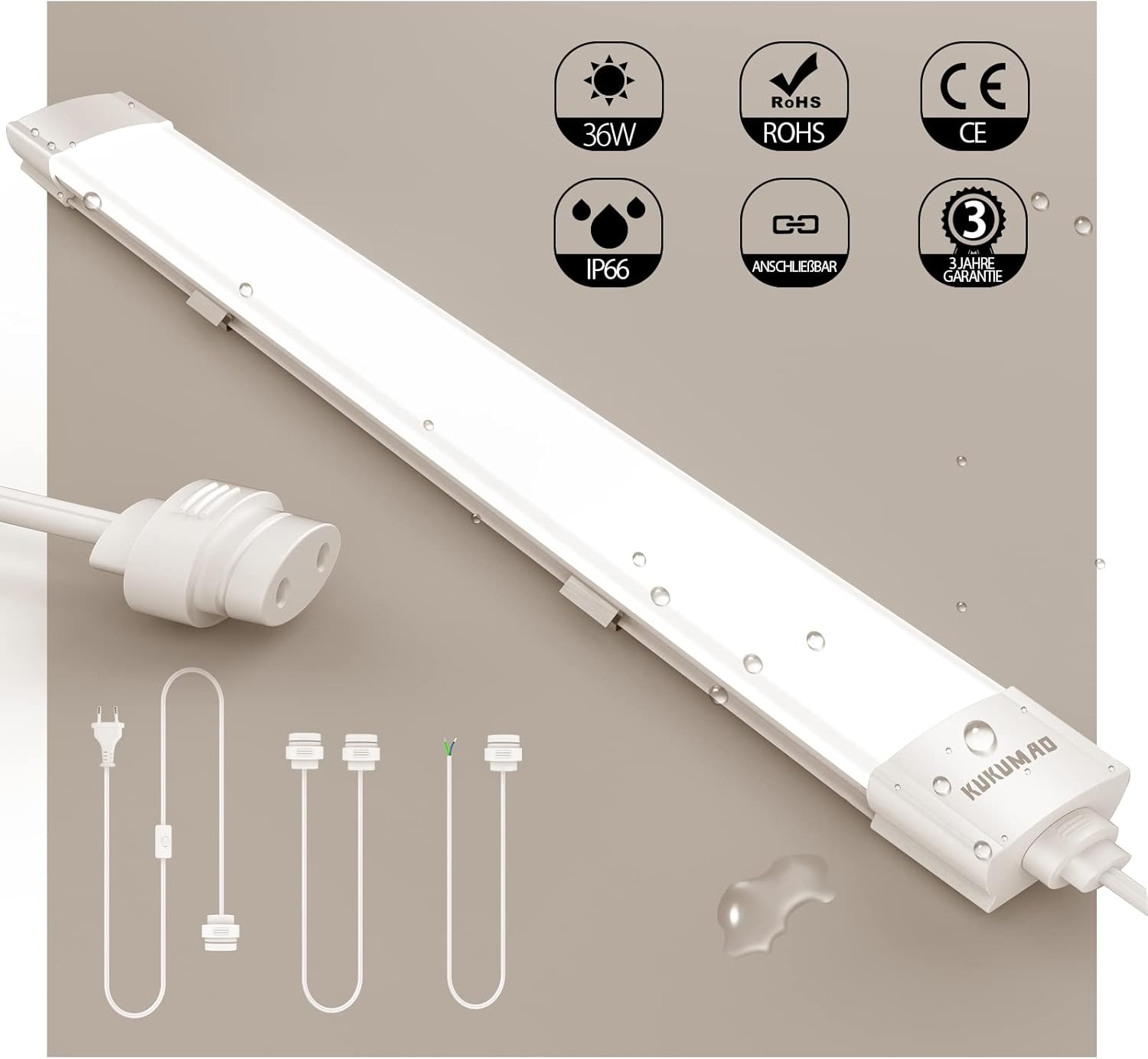 Feuchtraumleuchte LED mit Stecker 36W 4000LM 120CM Verknüpfbar Werkstattlampe IP66 Wasserfest ...