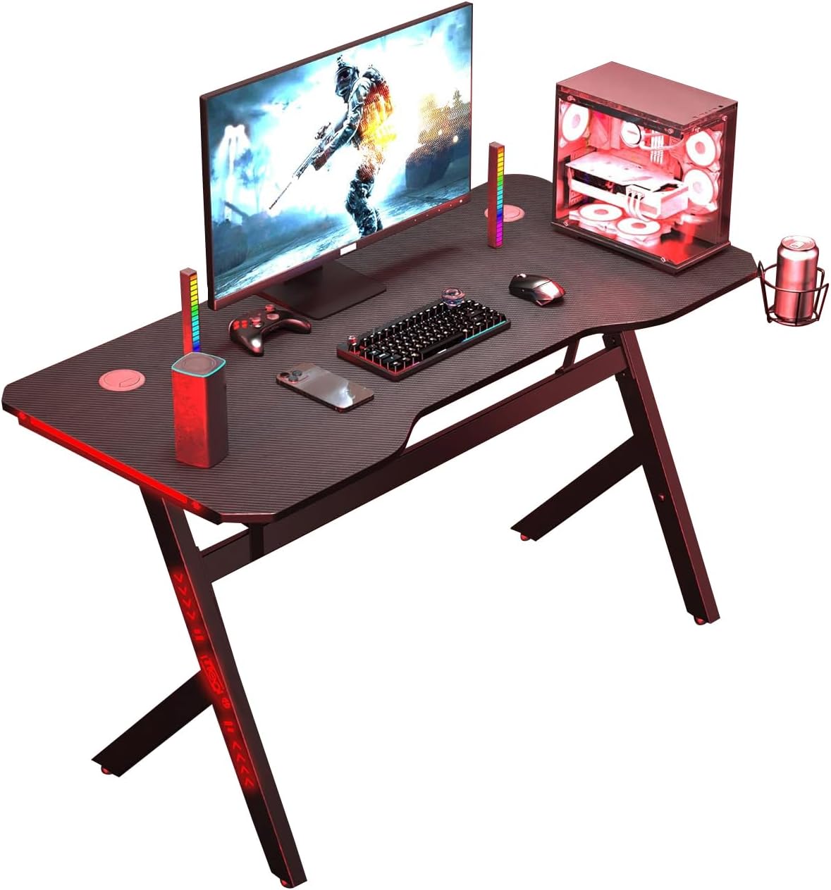Neo LED Carbon Fiber Ergonomic Gaming Desk Computer Table with Cup ...