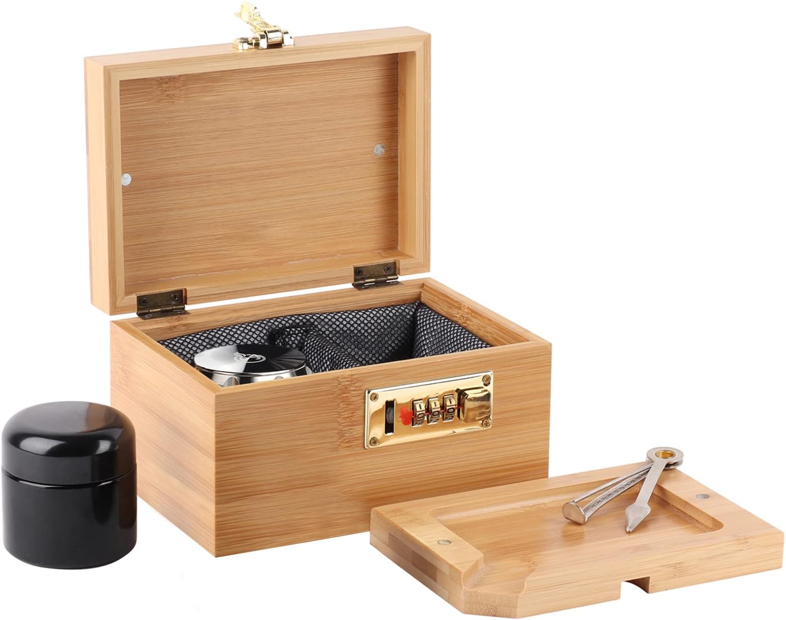 Bamboo Wooden Stash Box with Lock, Wooden Rolling Tray and Glass ...