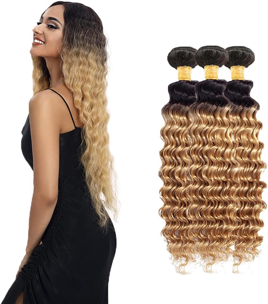 Amazon.com : Ombre Deep Wave Bundles 1b/27 Human Hair Bundles 20 22 24 ...