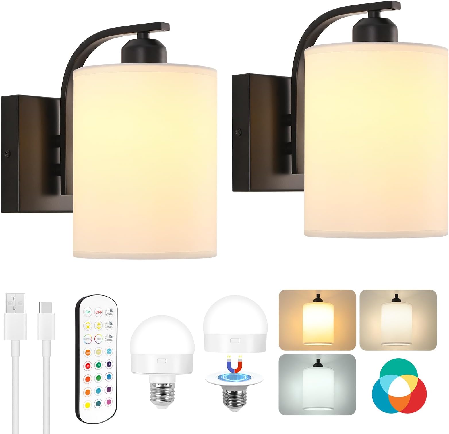 Battery Operated Wall Sconce Set Of 2,Rechargeable Wall Sconce 7 Color ...