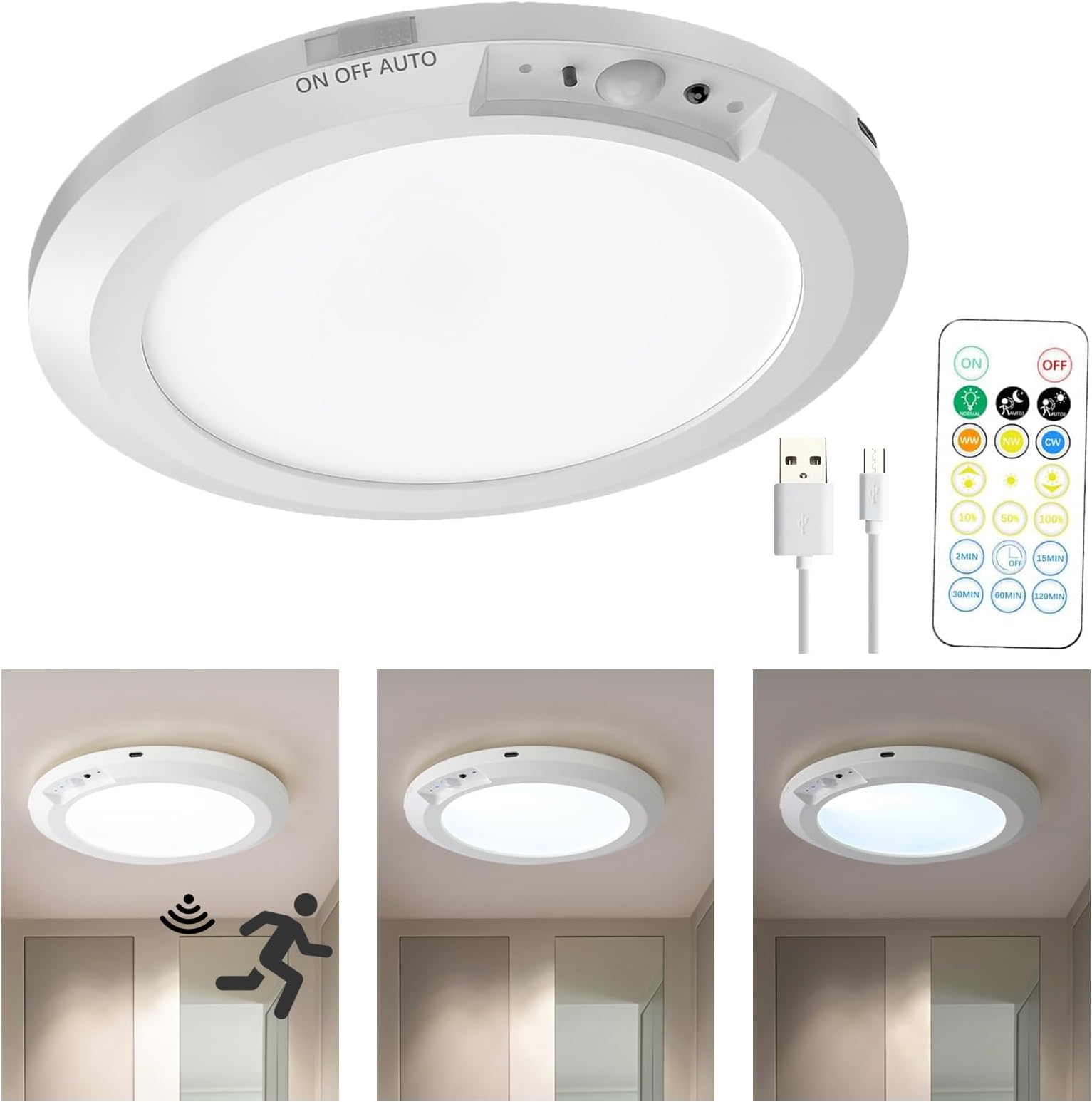 Yuewilai Battery Operated LED Celling Lights with Auto Motion Sensor ...