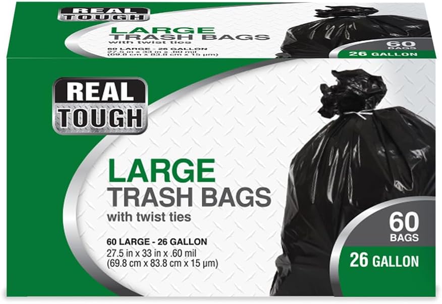 Amazon.com: Real Tough Trash Bags 26 Gallon, 60 Count, Twist Tie, Black ...
