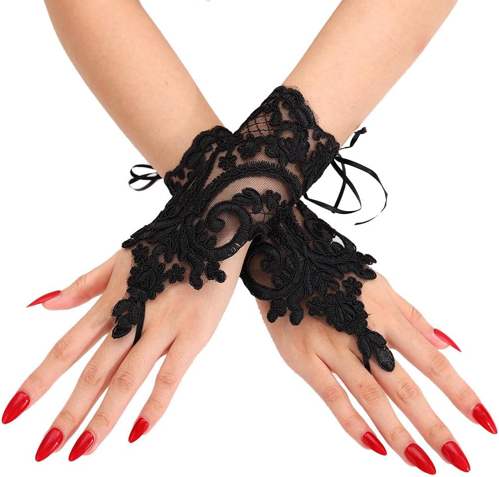 Amazon.com: Aularso Women’s Feather Gloves Gothic Lace Floral Gloves ...