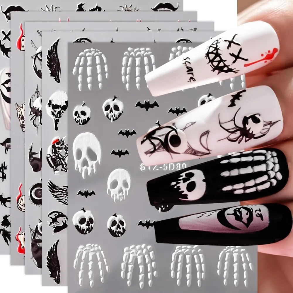 Amazon.com: 5D Skulls Bone Nail Stickers Halloween Spooky Nail Art ...