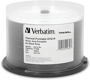 Amazon.com: Verbatim DVD-R 4.7GB 8X DataLifePlus White Thermal Printable, Hub Printable - 50pk ...