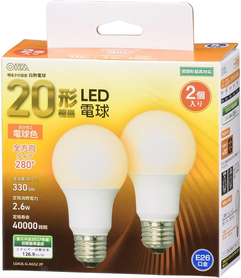 Amazon | オーム電機 LED電球 E26 20形相当 電球色 全方向 2個入 LDA3L-G AG52 2P 06-4701 OHM | オーム（OHM） | LED電球