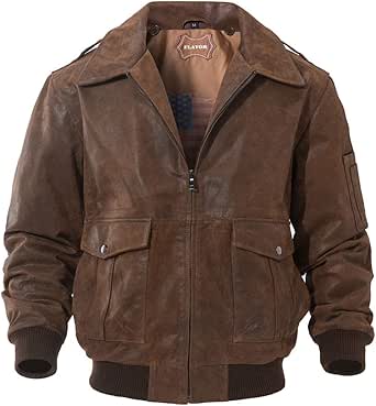 FLAVOR Men's Leather Flight Jacket Bomber Air Force Aviator. (Brown ...