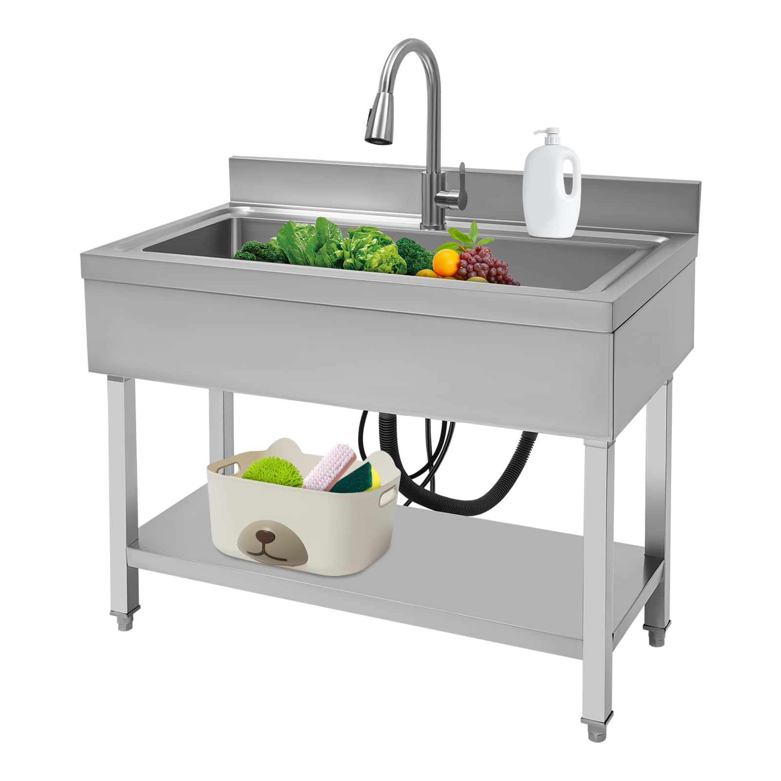 Stainless Steel Utility Sink with Pull-Out Cold and Hot Water Faucet ...