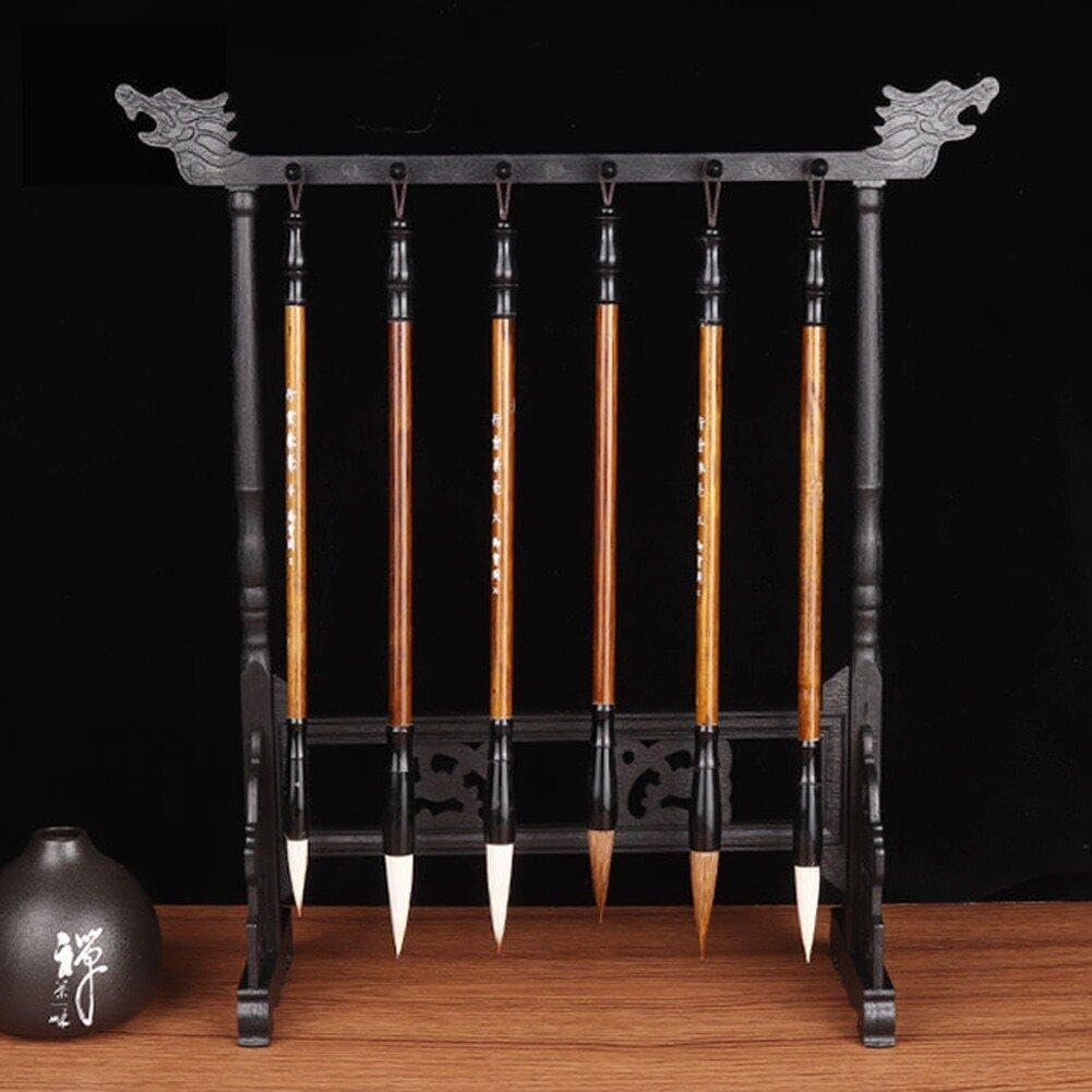 Sumi Brushes 12-Pin Wood Holder - Dragon Carved Pen Stand For Writing ...