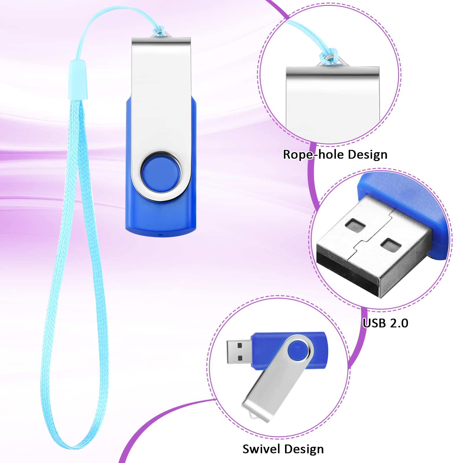 50 Pack USB Flash Drives Bulk with Lanyards USB 2.0 Thumb Drive Swivel ...