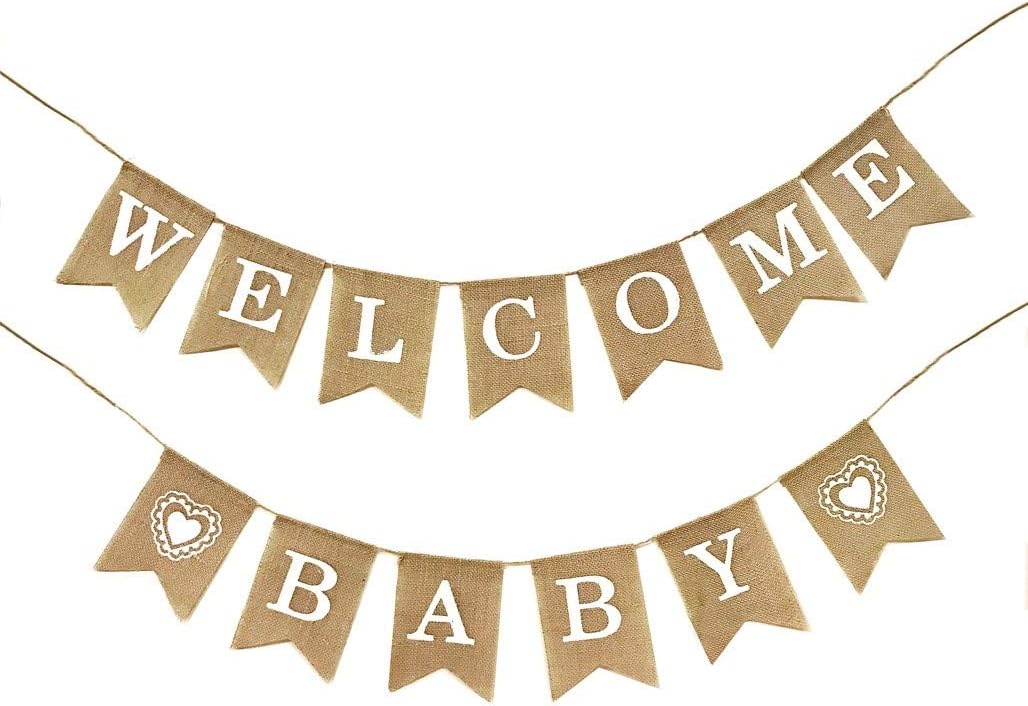 Amazon.com: Burlap Welcome Baby Signs Baby Shower Flags Gender Reveal ...