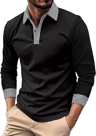 JIMENEZ Men's Plaid Collar Knit Polo Shirts Long Sleeve Sweater Polo ...