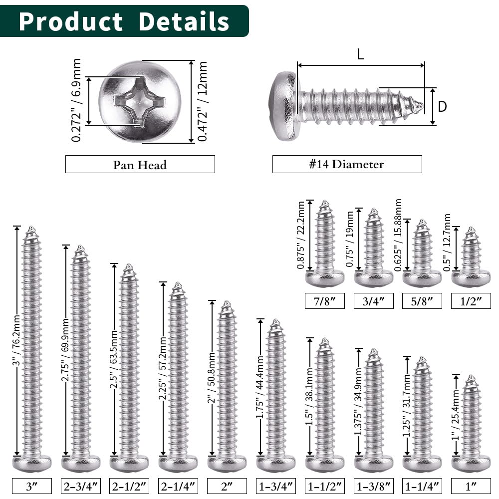Snapklik.com : #14 X 3 Pan Head Sheet Metal Screws, 304 Stainless Steel ...