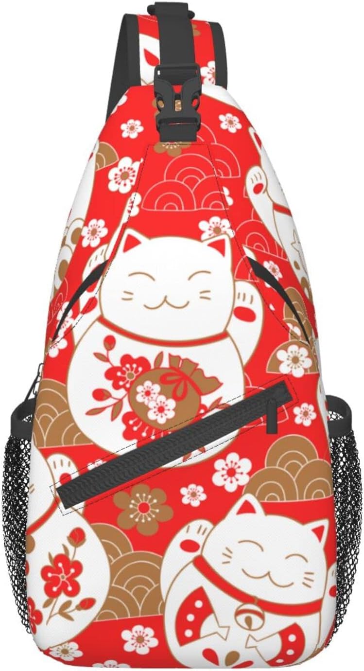 Amazon.com: Japanese Cute Lucky Cats Sling Backpack Chest Bag Fashion ...
