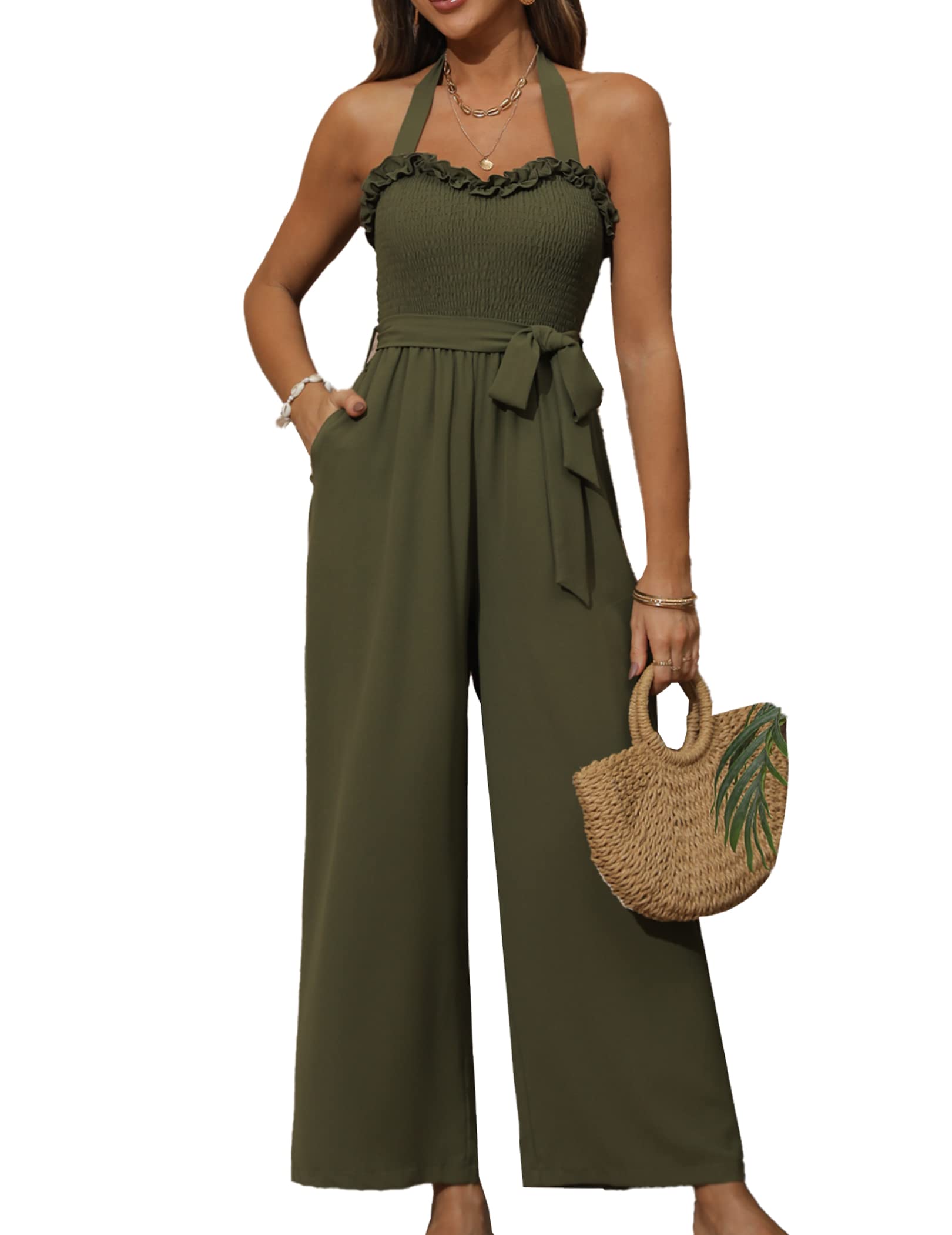 Zexxxy Women‘s Halter Smocked Jumpsuits Ruffle Wide Leg Rompers Pants ...