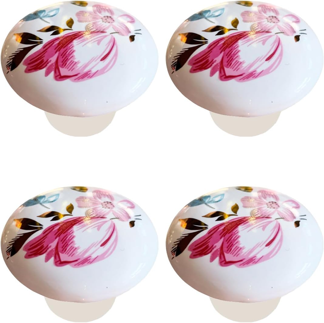 Tverghvad Ceramic Hand Painted Drawer Knobs, [4 Pack] Vintage Flower Round Cabinet Knobs and ...