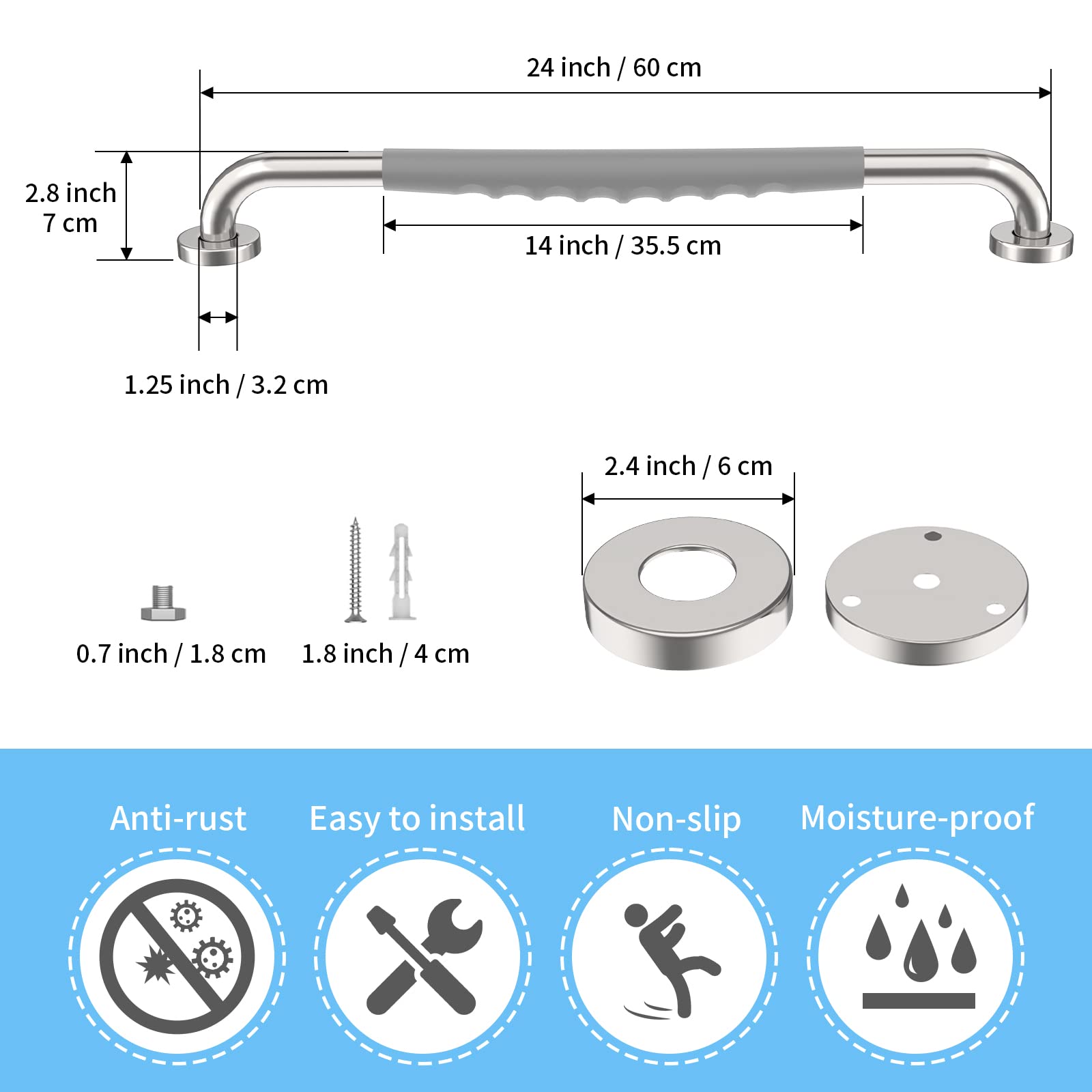 Snapklik.com : Polished Chrome Bathroom Grab Bar 24 Inch - 125 ...