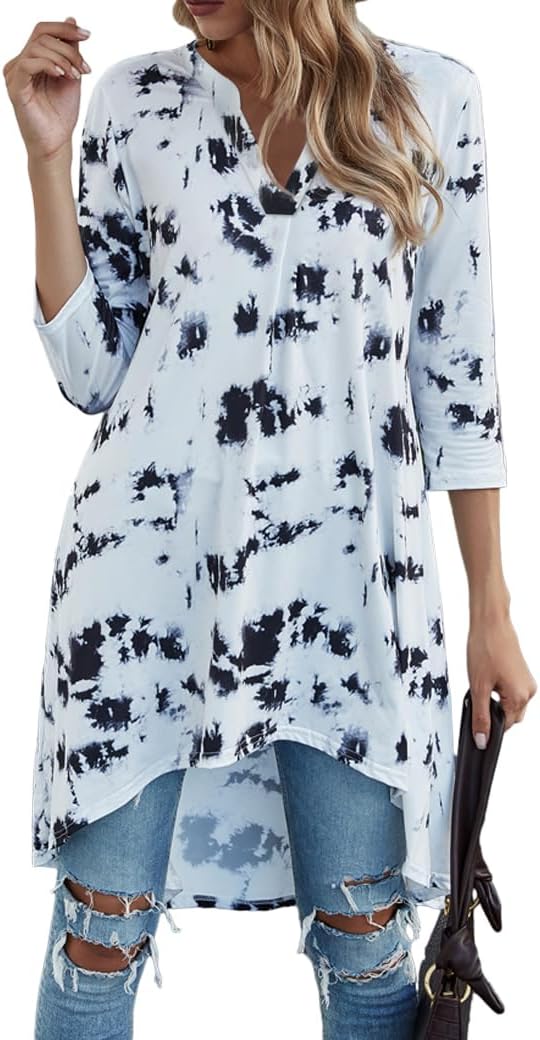 Naggoo Women's 3/4 Sleeve Notch V Neck High Low Loose Fit Long Tunic Tops Shirts Blouses M-3XL ...