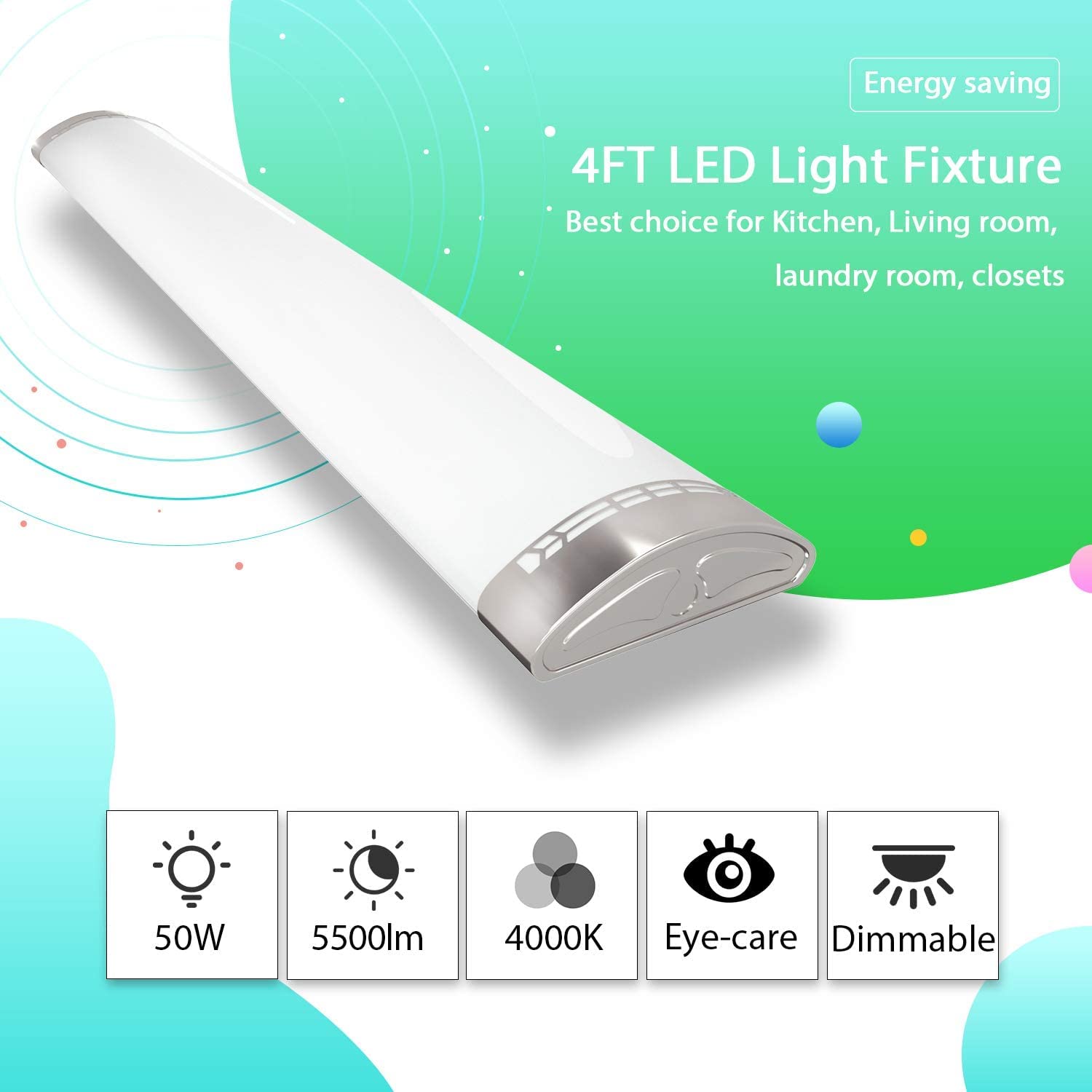 4FT LED Flush Mount Linear Lights Dimmable 50W 5500LM Kitchen Light ...