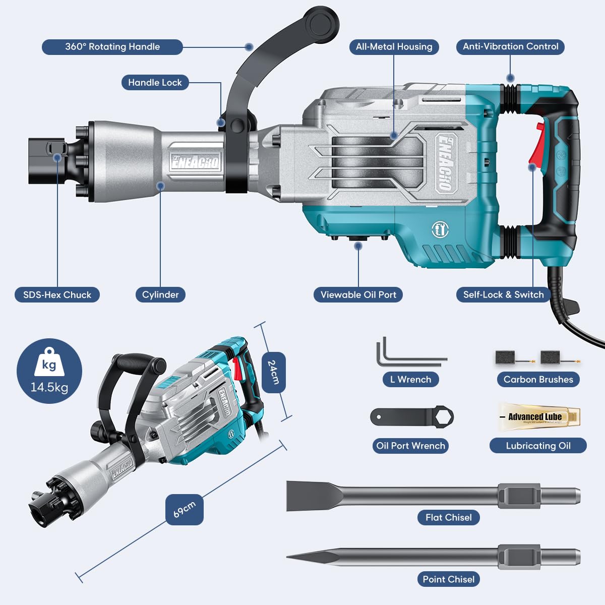 Snapklik.com : ENEACRO Demolition Jack Hammer 14.5Amp SDS-Hex Concrete Breaker, 65 Joules Heavy ...