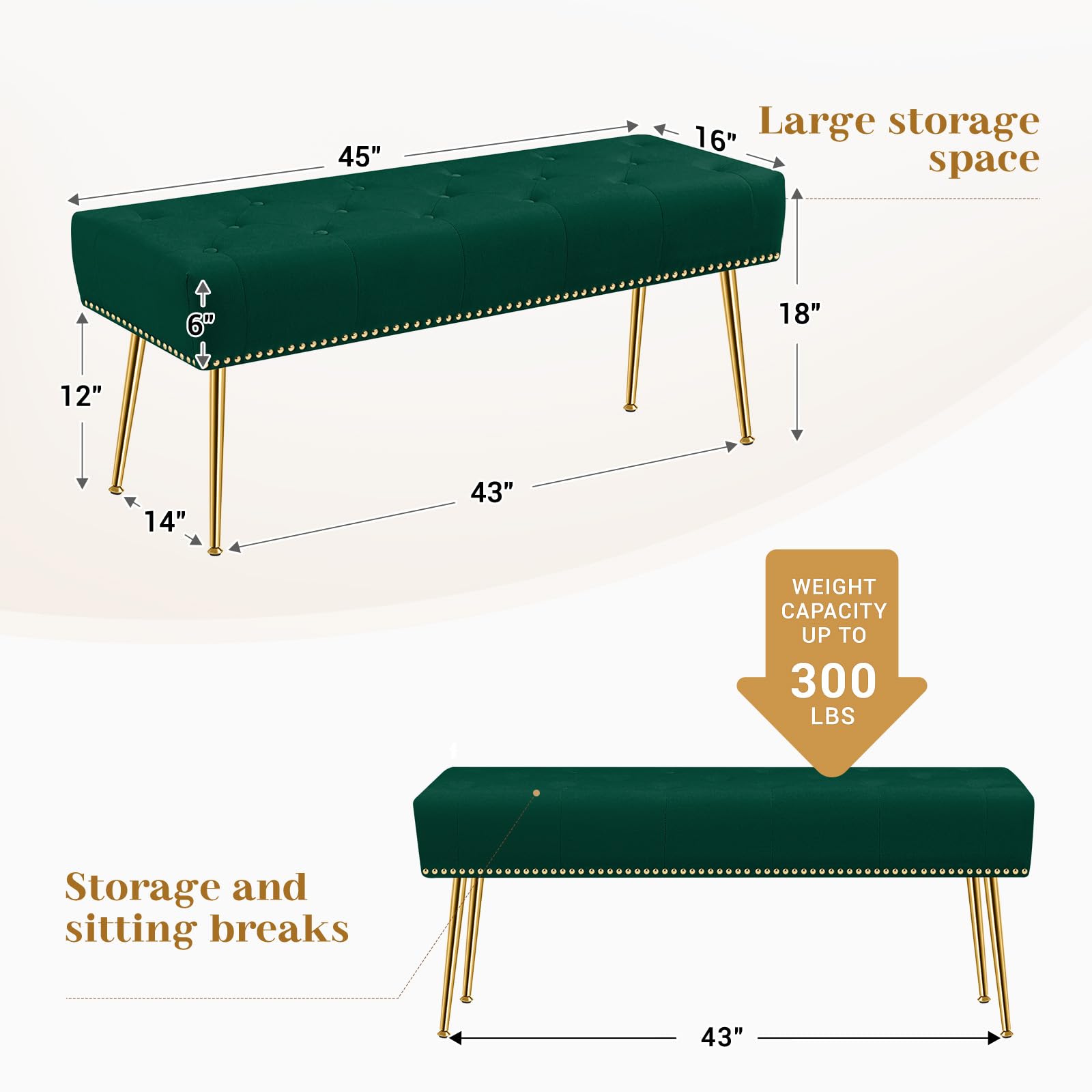 ROWHY 45" Velvet Ottoman Bench, End of Bed Bench with Gold Base ...