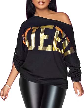 PESION Womens Off The Shoulder Tops Sexy Shiny Metallic Shirts Long ...