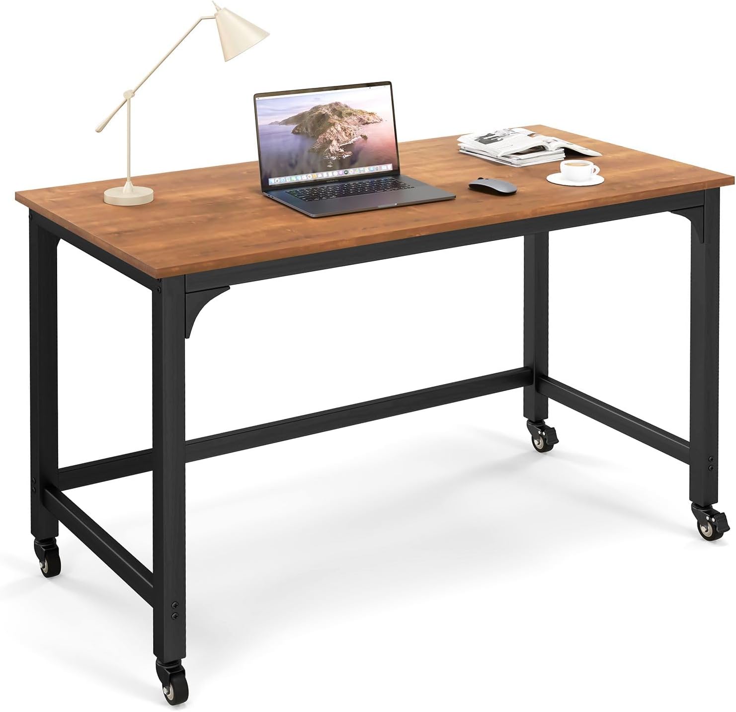 CASART Rolling Computer Desk, 120cm Metal Frame Writing Desk with ...