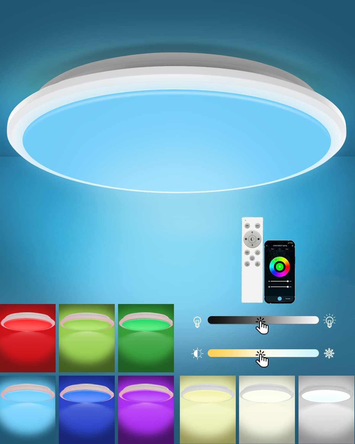 Smart Ceiling Light with APP Control, 28CM 24W 2700-6500K, RGBCW+CCT ...