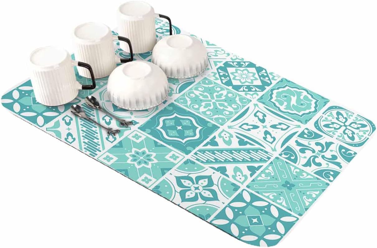 Amazon.com: Huotupsine Teal Boho Dish Drying Mats for Kitchen Counter ...