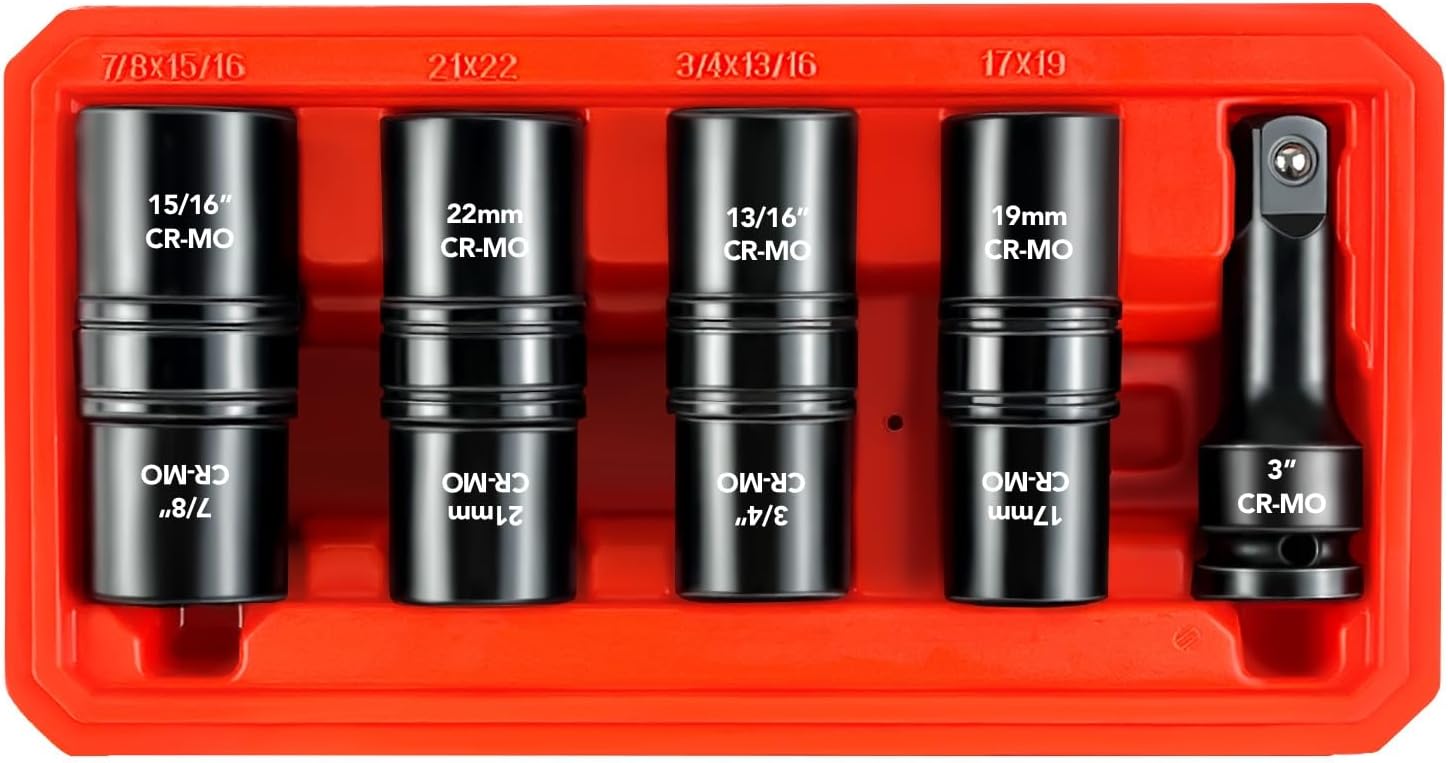 WETT 1/2" Drive Flip Lug Nut Socket Set, 5-Piece Double Sided Thin Wall ...