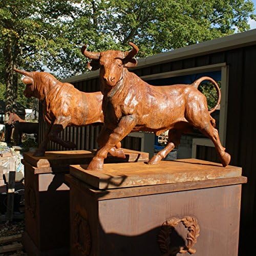 Pair of Bulls on Plinths Cast Iron Statues- Garden Ornament/Feature in ...