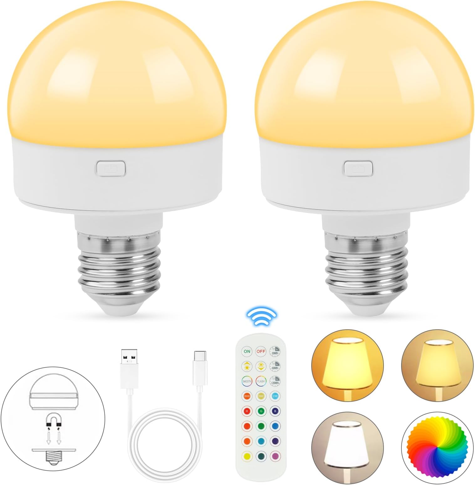 HOTUT Rechargeable Light Bulbs with Remote,E26 Battery Light Bulb,RGB ...
