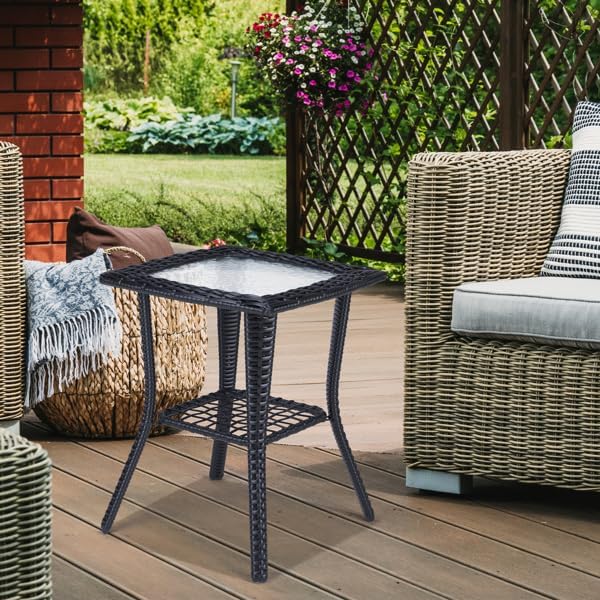 Amazon.com: Outdoor Wicker Side Table, Glass Top Patio Side Table ...