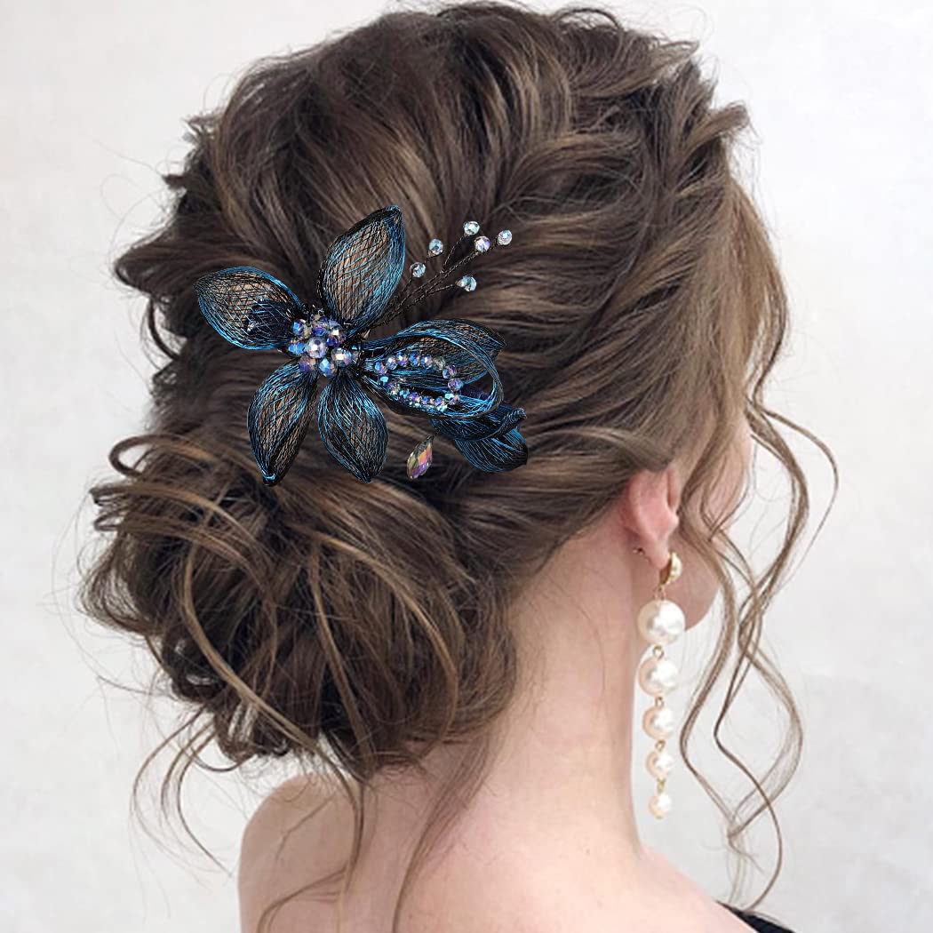 Amazon.com : Campsis Crystal Bridal Hair Barrettes Blue Flower Hair ...