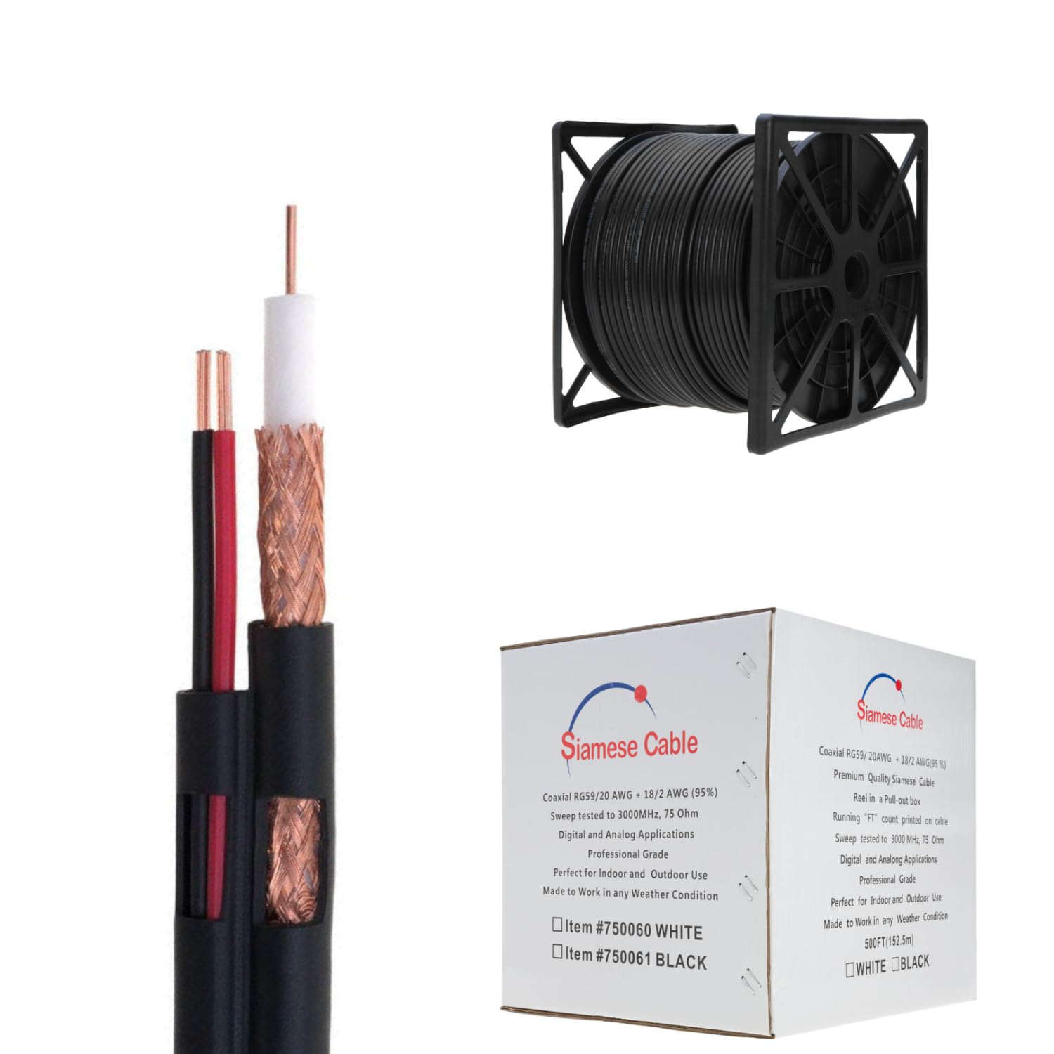Amazon.com: Siamese Cable Coaxial 1000FT 500FT / White Or Black ...