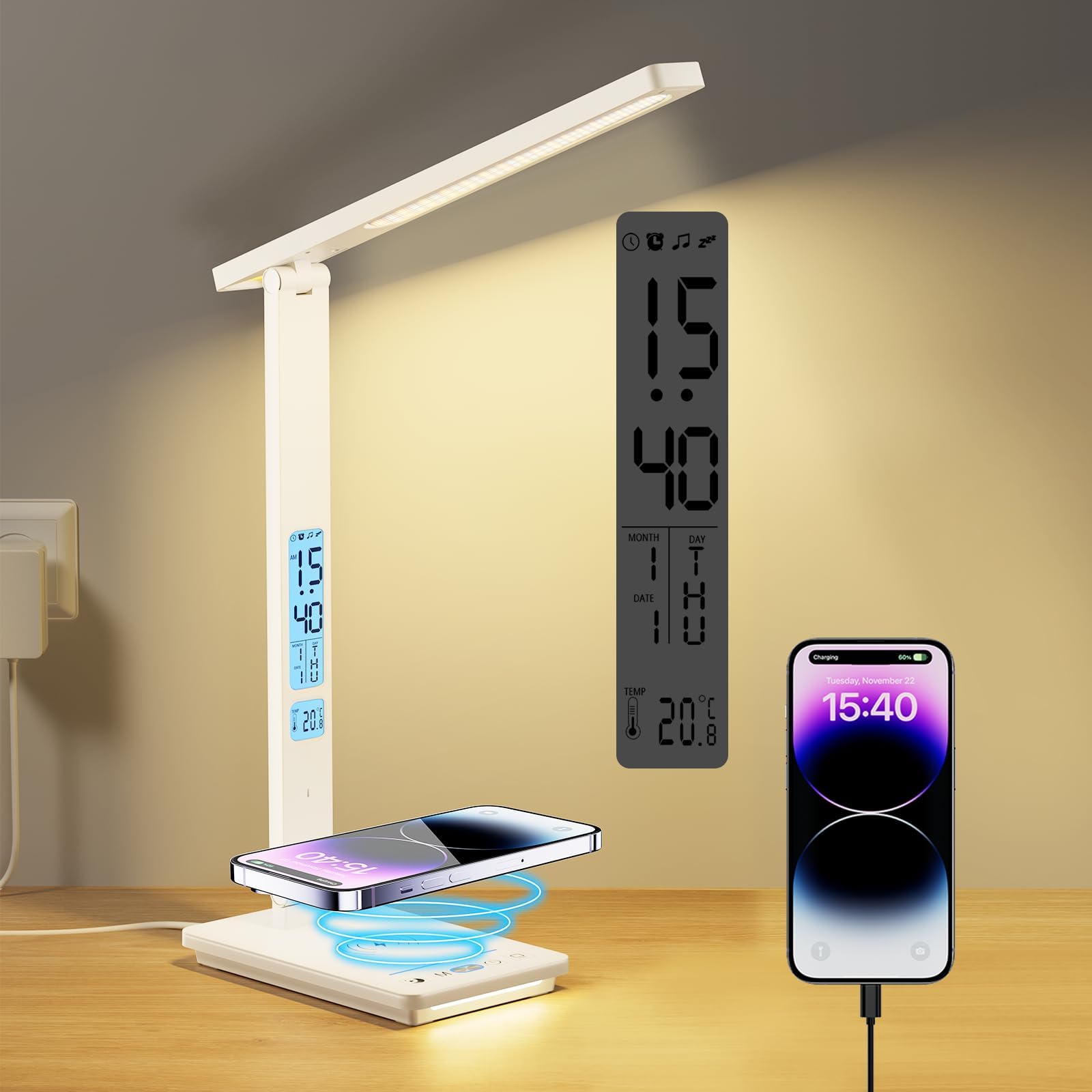 YAMYONE LED Desk Lamp with Wireless Charger & USB Charging Port, 5 ...