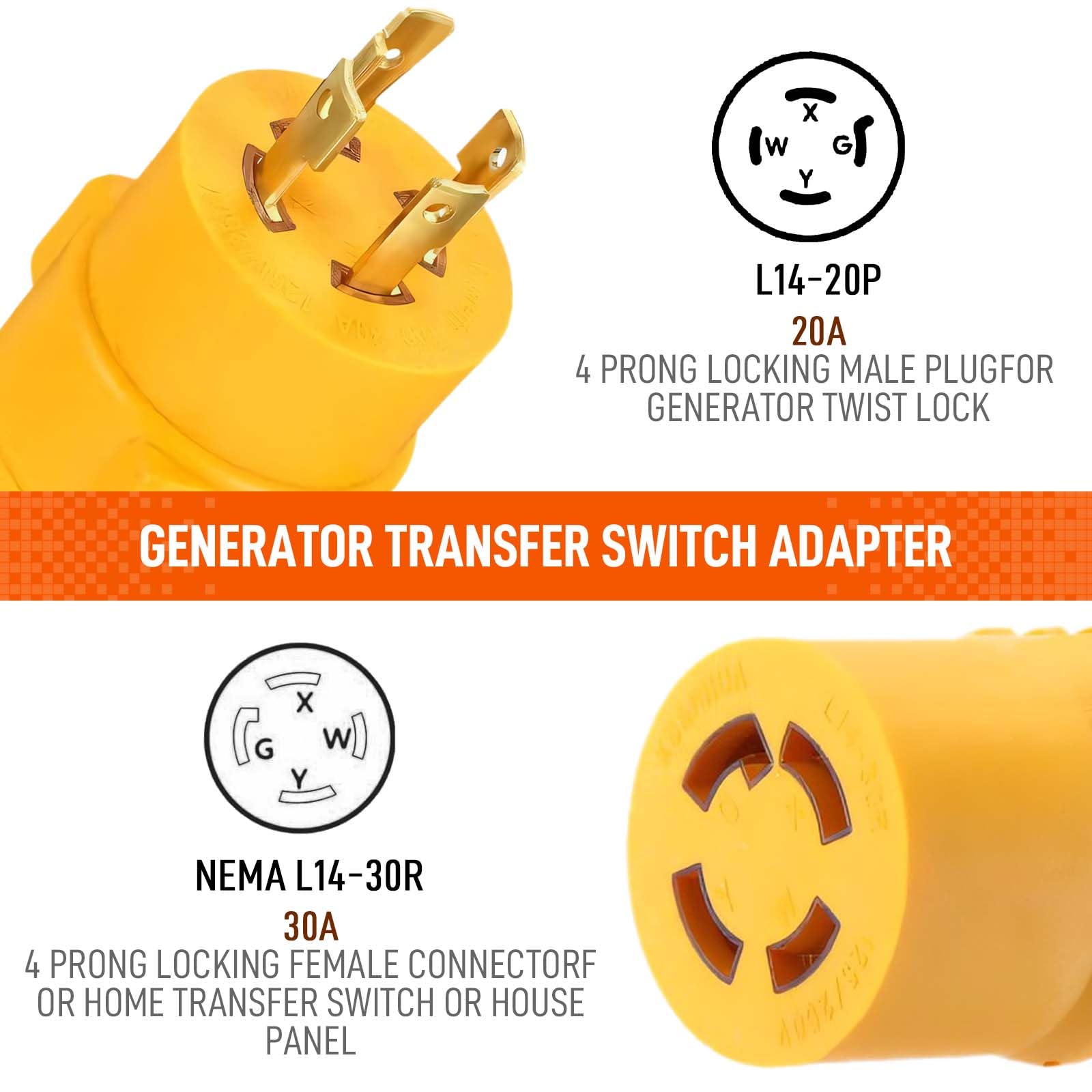 Snapklik.com : NEMA L14-20P To L14-30R, 4 Prong Locking Plug, 20Amp To ...
