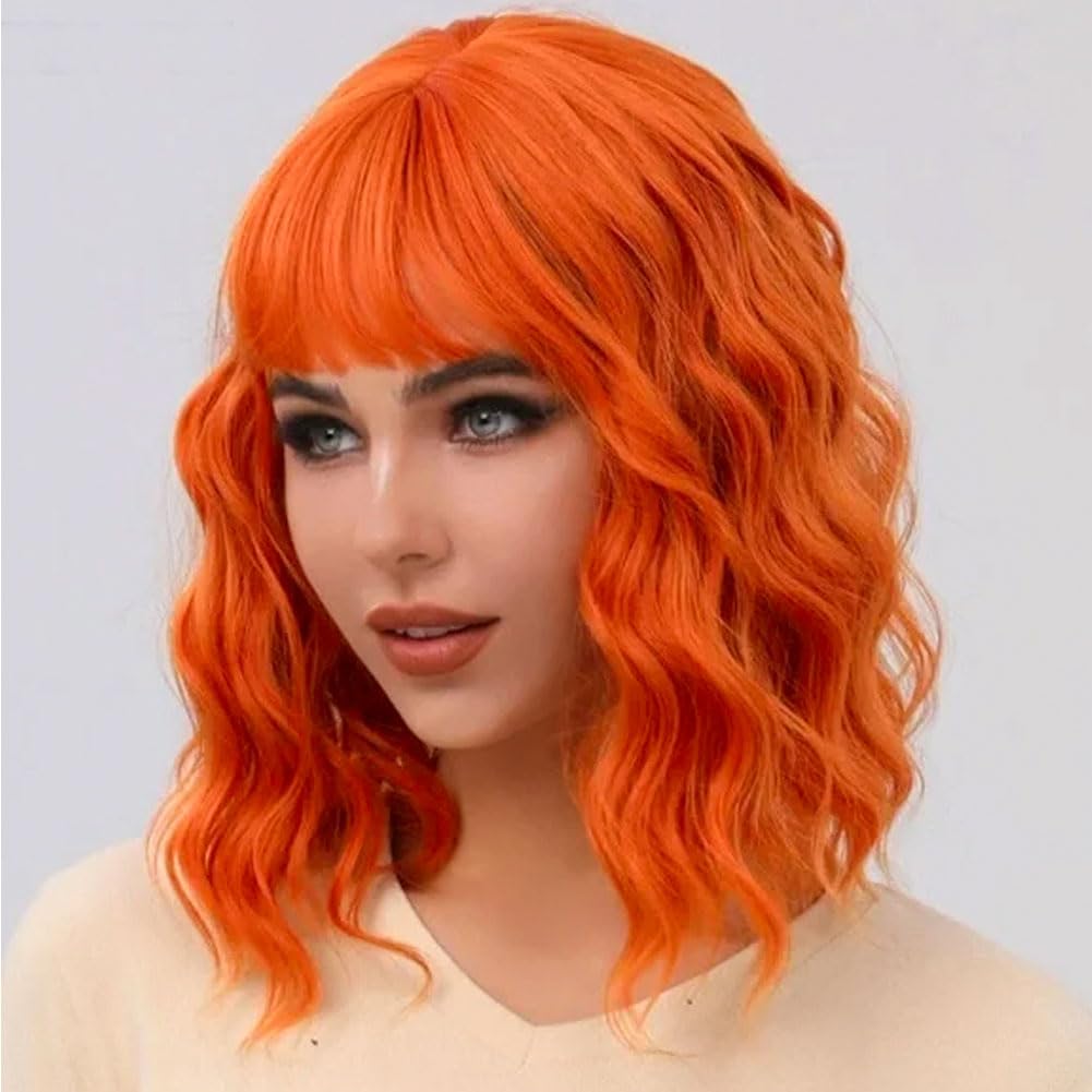 Amazon.com : LOSMOEER Orange Wig with Bangs Short Wavy Wigs for Women ...