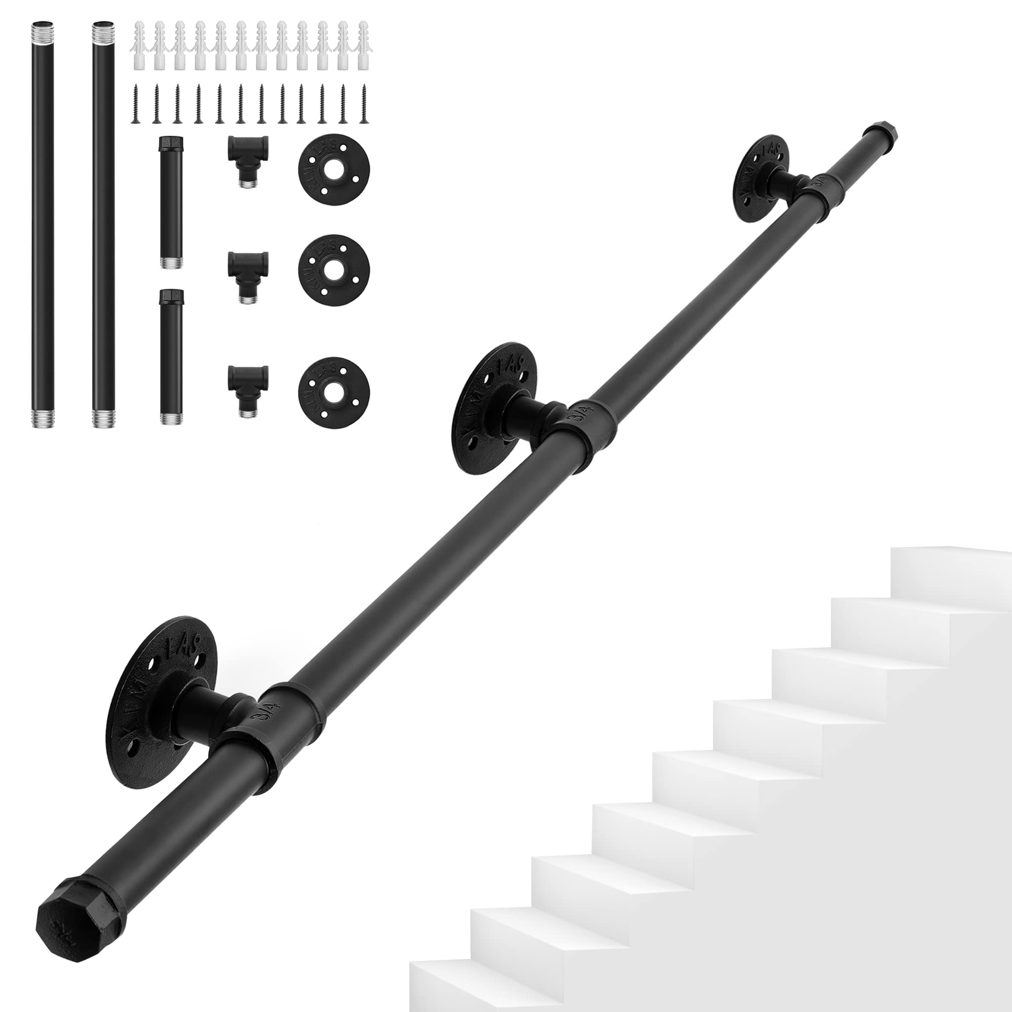 BQKOZFIN 5FT/1.5M Metal Stairs Handrail, Wall Balustrade Non-Slip ...