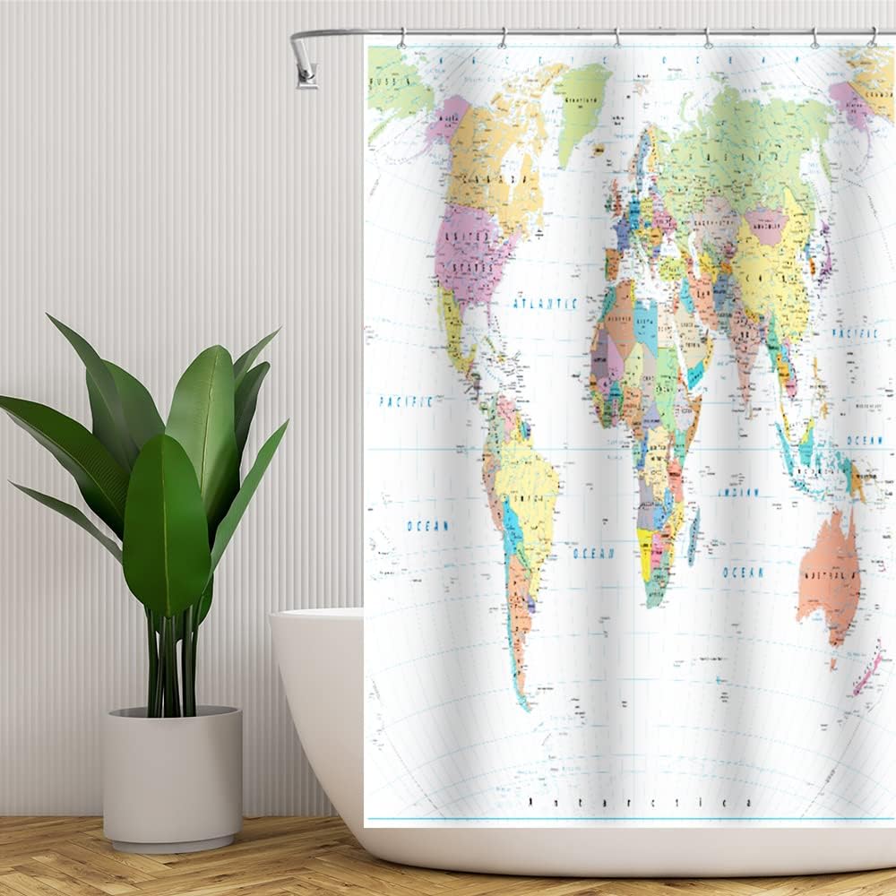Amazon.com: OERJU World Map Shower Curtain Educational Geography ...